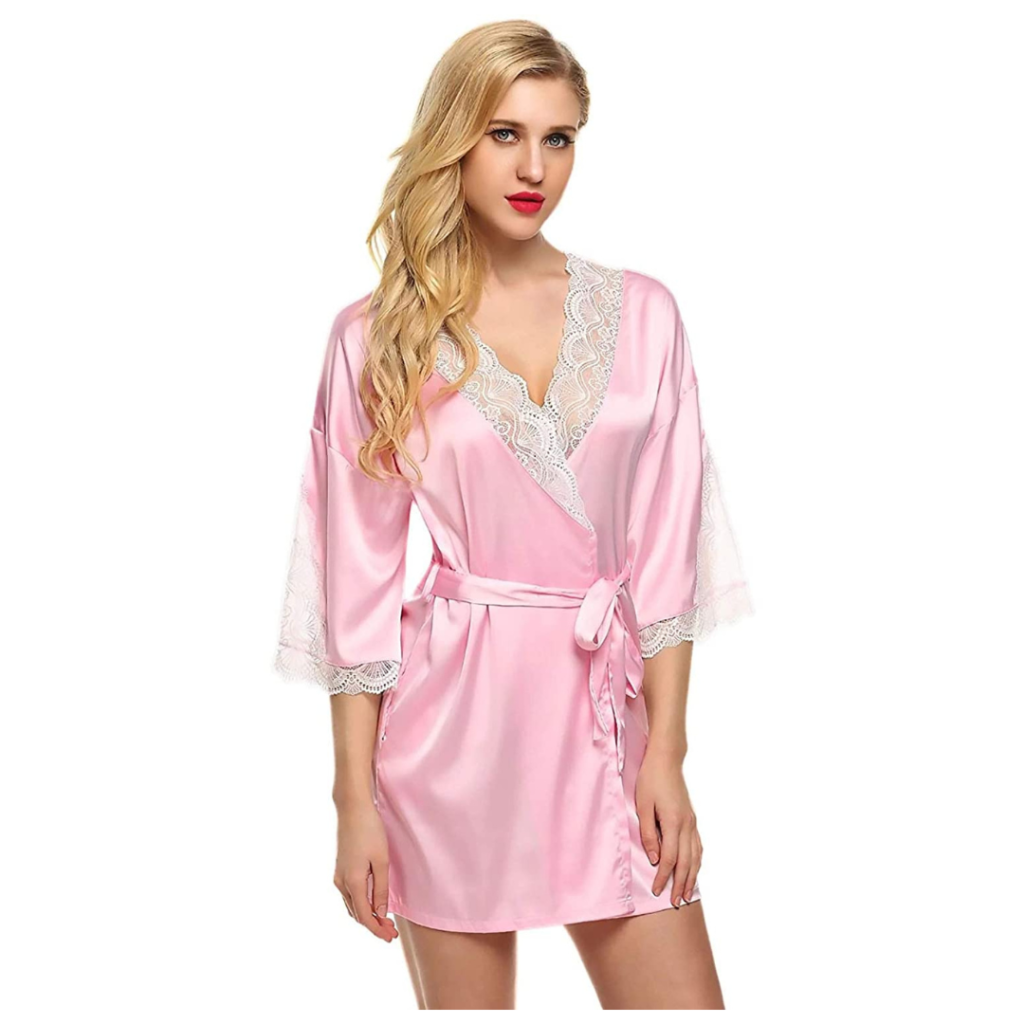Women Satin Nightwear Kimono Robe V Neck Nightdress with Lace Design ...