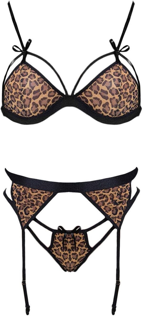 Women Wireless Collar Bra with Garter Thong Sleepwear Sexy Leopard ...